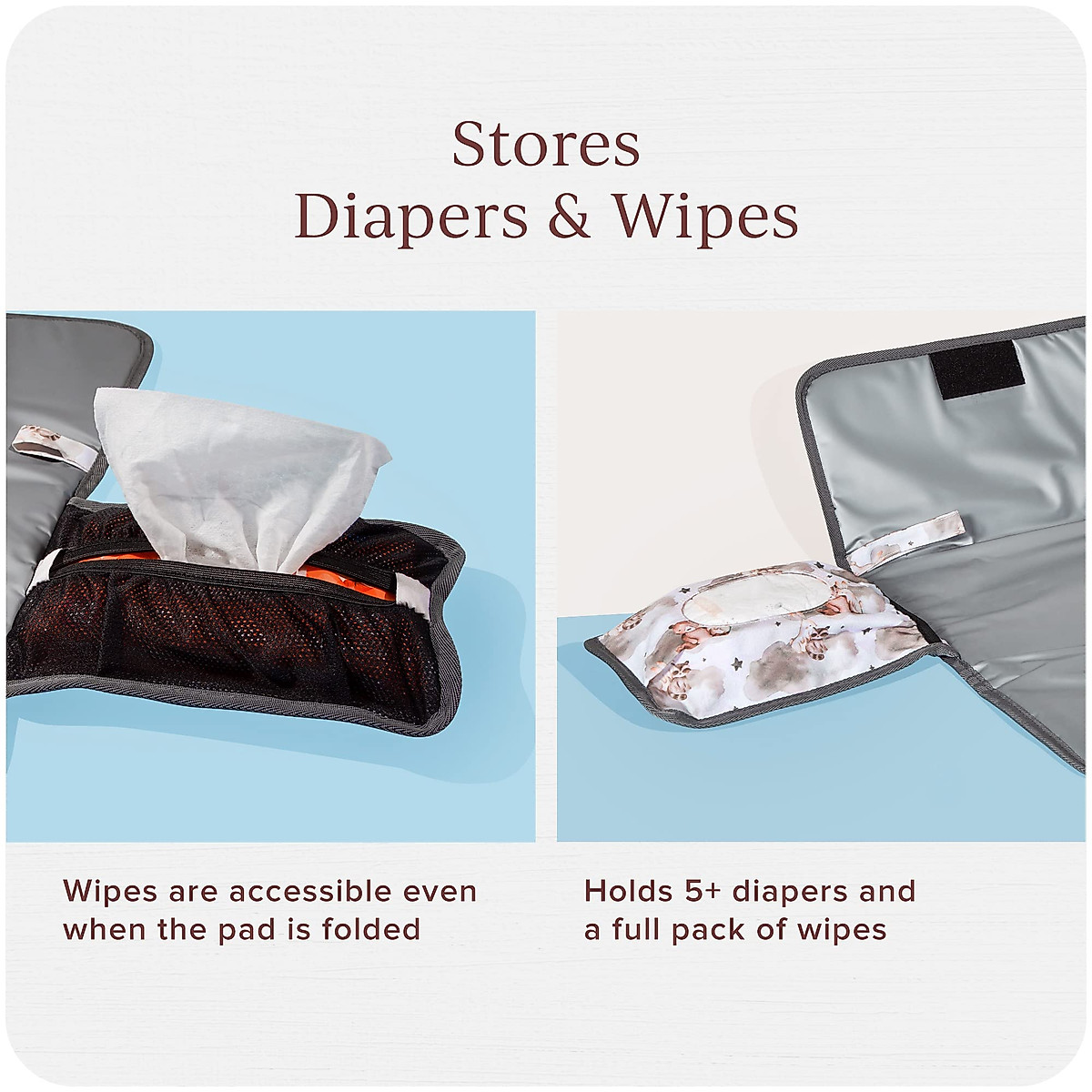 Portable Diaper Changing Pad by Candid Goods, Baby Changing Pad, Diaper Bag or Changing Table Pad with Smart Wipes Pocket, Lightweight & Waterproof Travel Changing Mat for Newborns (Cubs & Clouds)