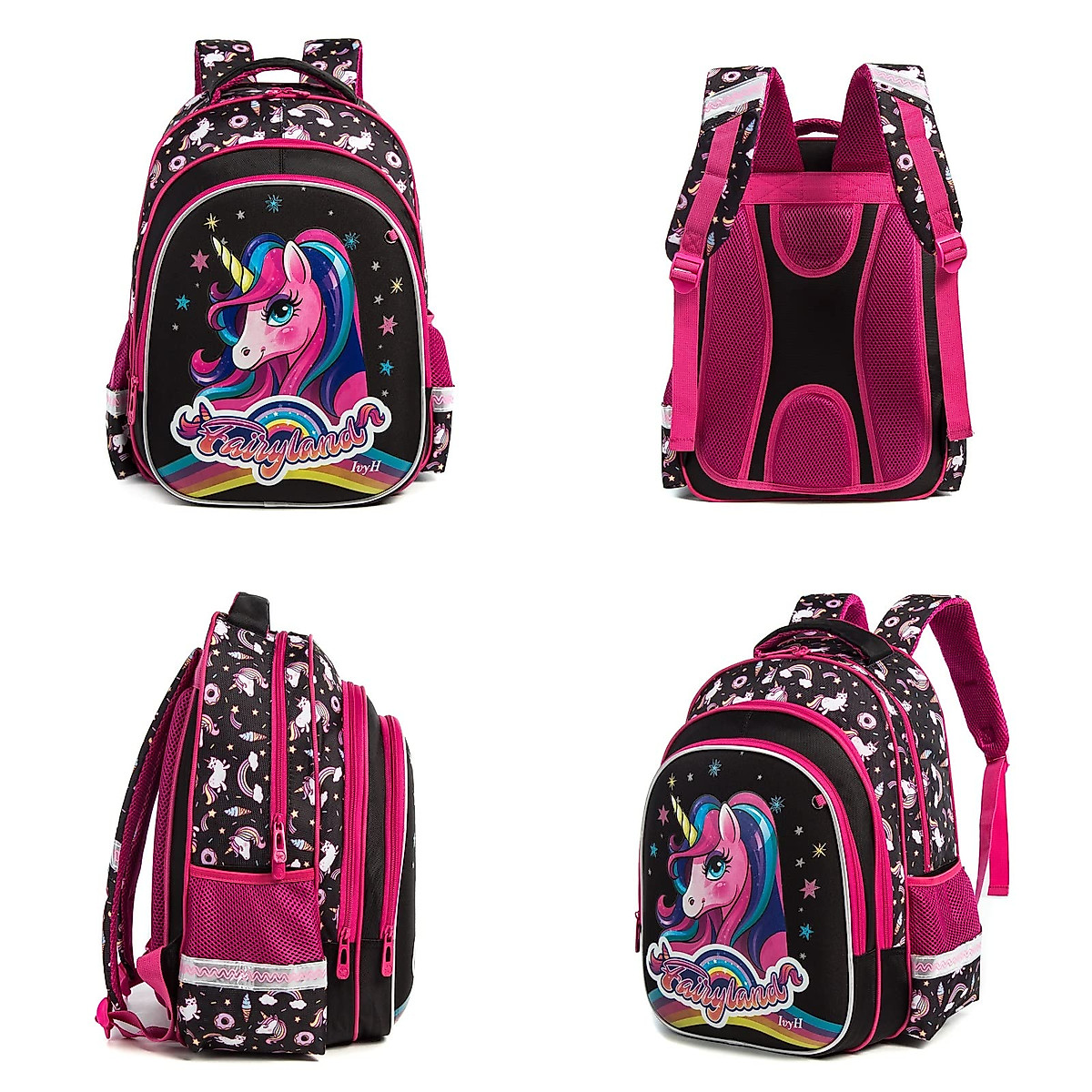 Tanou 2022 Kids Backpacks for Girls, 16'' Lightweight Breathable School Backpack, Cute Bookbags with Reflective Strip for Children 5-12 Years, Black Unicorn