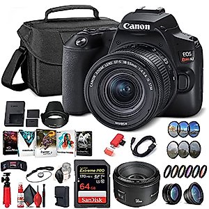 Canon EOS Rebel SL3 DSLR Camera with 18-55mm Lens (Black) (3453C002) + Canon EF 50mm Lens + 64GB Card + Color Filter Kit + Case + Filter Kit + Corel Photo Software + LPE17 Battery + More (Renewed)