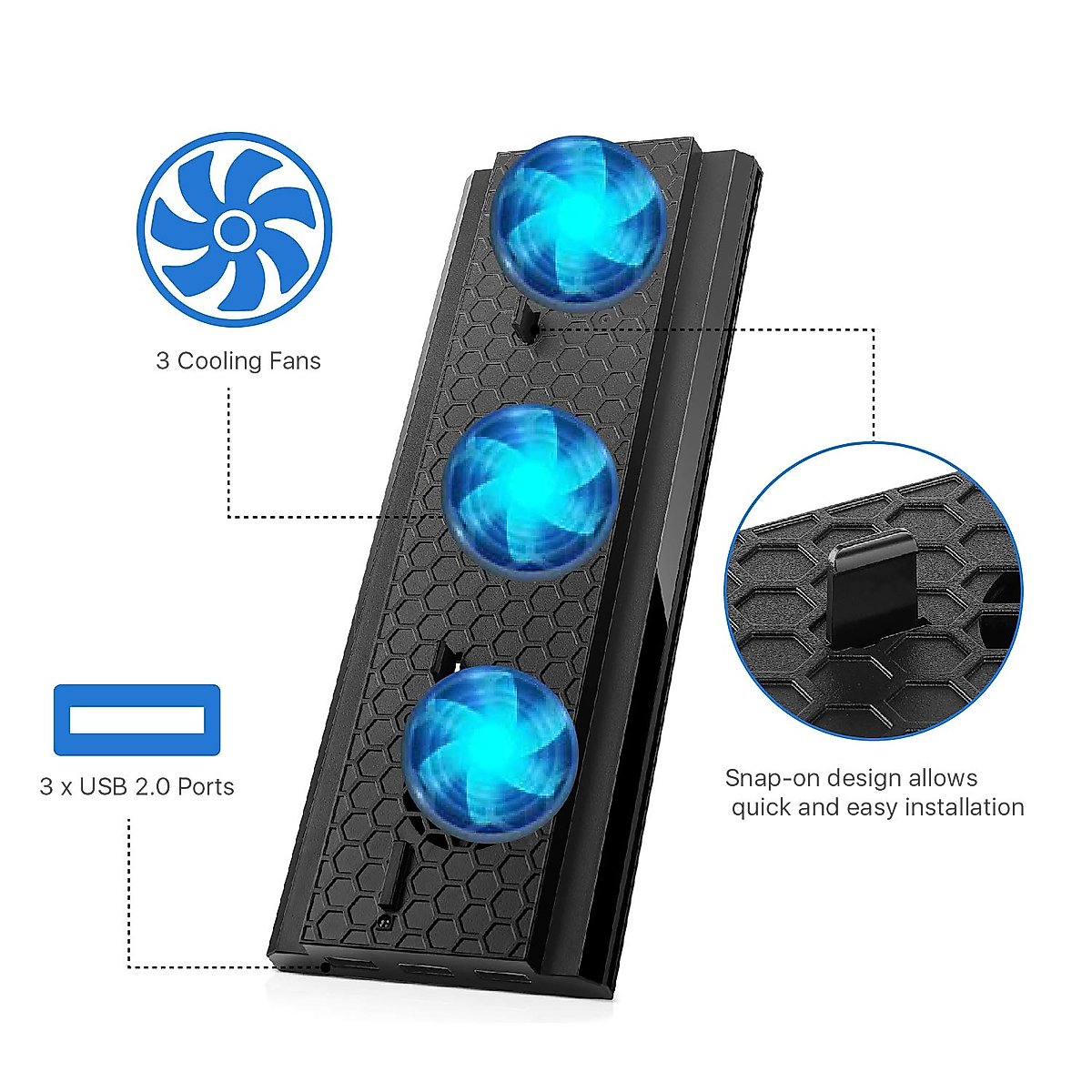 TNP Vertical Stand Cooling Fan for Xbox One X Stand with Fan and Charging Station, USB Powered Game Storage Tower with 3 Speed Adjustable Cooling Fans, 3 USB 2.0 Charging Port and LED Light Bar