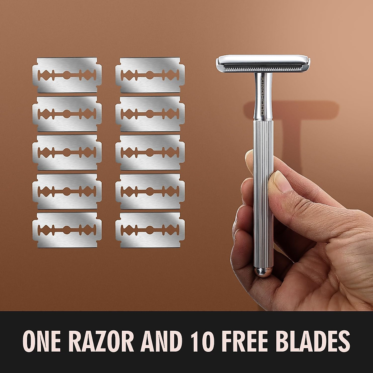 KINGHOOD Copper Double Edge Safety Razor with 10 Razor Blades, Long Handle & Weighted Razor, Single Blade for Sensitive Skin