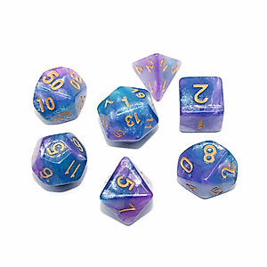 DND Dice Polyhedral 7-Die Dice Set for D&D Dungeons & Dragons Role Playing Gaming Night Sky dice with Glitter Purple Green…