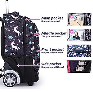 Tanou Rolling Backpack for Kids Adults, 18" Waterproof Backpack with Wheels for Girls Boys, Roller Bookbags for School Travel, Age 7+, Black Horse