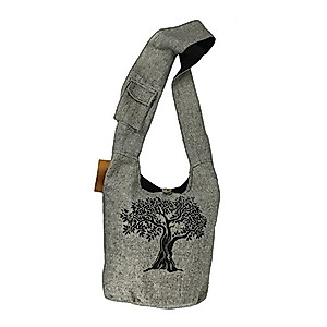 Fair Trade Large Sling Crossbody Shoulder Bag Purse Hippie Hobo Gypsy Bohemian, Grey Tree