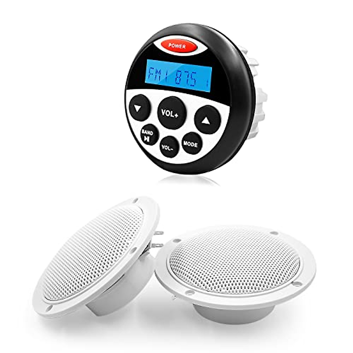 GUZARE Marine Stereo Audio Package - MP3 USB AM FM AUX in Marine Gauge Stereo Bluetooth Receiver Waterproof Radio with 1 Pair 4 Inch White Marine Speakers 304-4001W