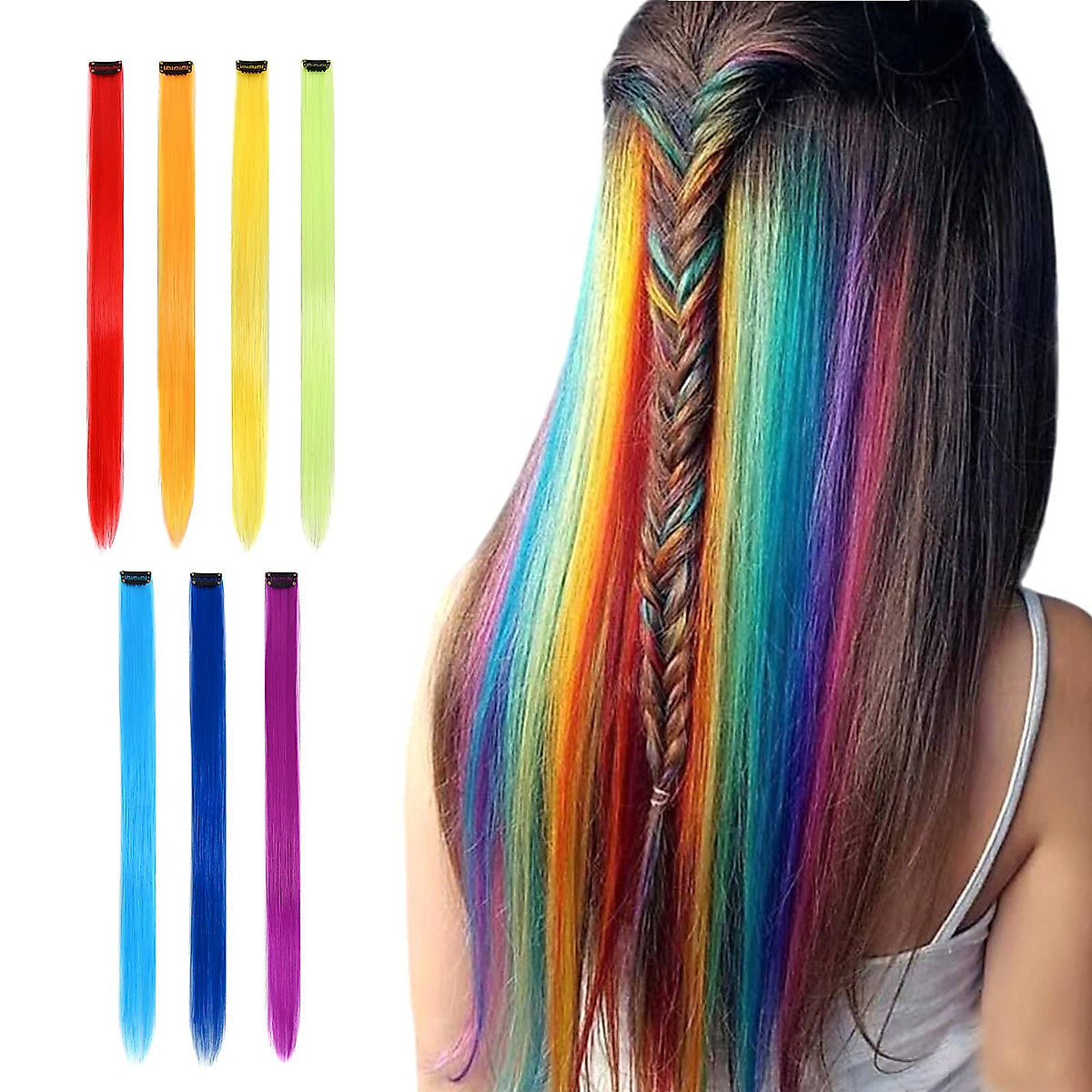 7 Pcs Colored Clip In Hair Extensions 20 Inches Multi-Colors Straight Hair Clip In Synthetic Hair Extensions For Women Girls Kids Gift Synthetic Hairpieces Can Be Hot Water Curl (20 Inch, 7 colors)