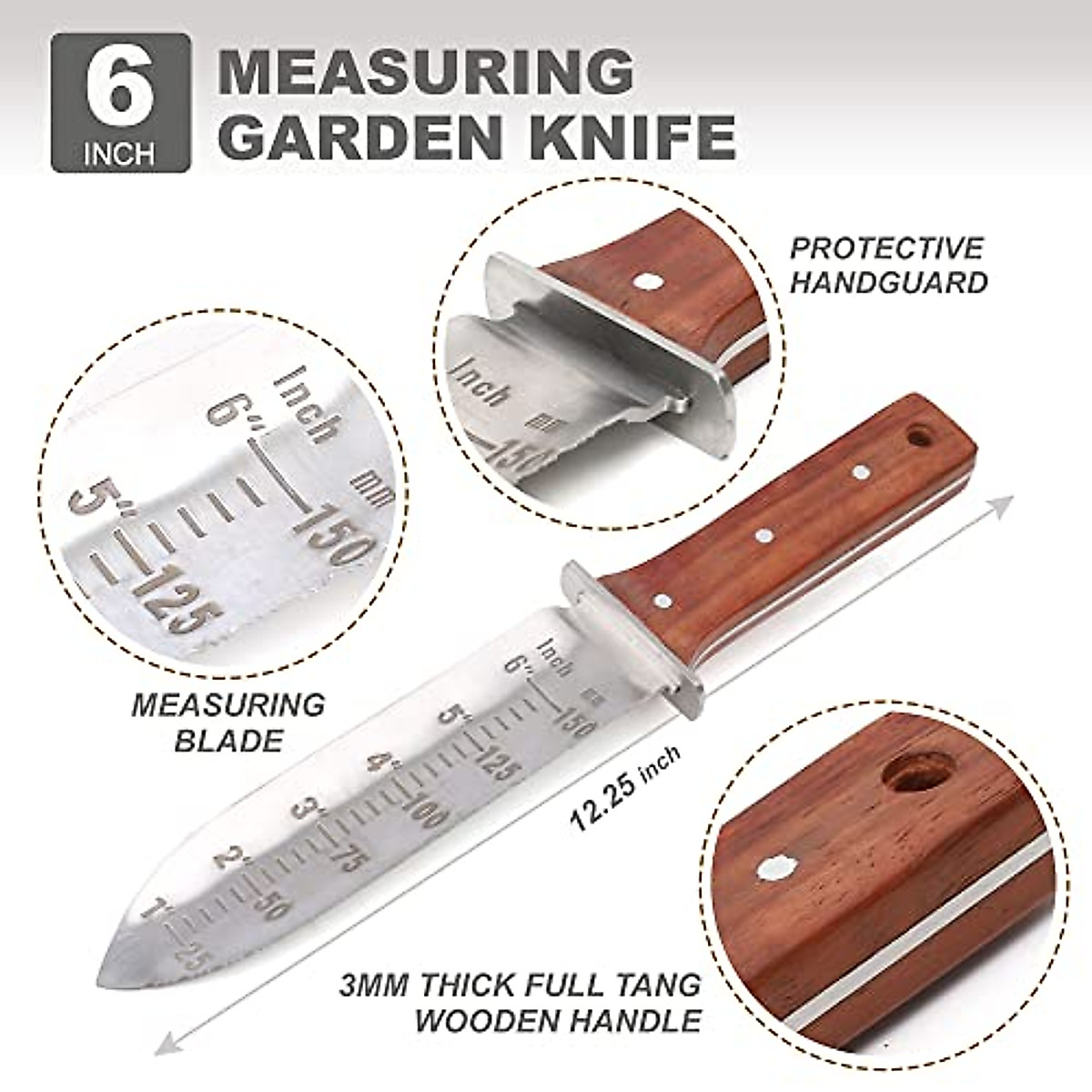 Topline Hori Hori Garden Knife, Double-edge Stainless Steel Blade, Garden Knife with Leather Sheath for Digging, Weeding, Planting, Hori Hori Knife with Sharpener, Sharpening Stone Included