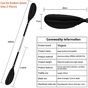 Viajero 2022 Kayak Paddles for Adults, 87-Inch / 220cm Heavy Duty Aluminum Alloy Lightweight 2-Parts Detachable Adjustable Portable Kayak Paddles with for Kayaking Boating Oar Fishing Travel Outdoor