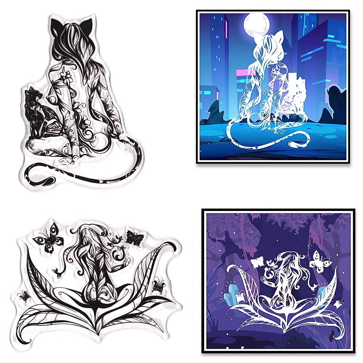 Hying 2PCS Leopard Girl Clear Stamps for Card Making, Tattoo Artistic Panther Catwoman Transparent Rubber Stamps for Bullet Journal DIY Scrapbook Decoration Handmade Crafts Notebook