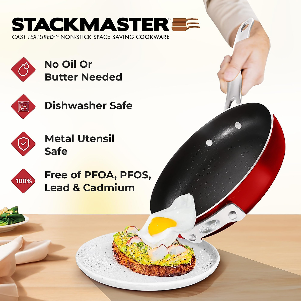 Gotham Steel STACKMASTER Pots Stackable 10 Piece Cookware Set Ultra Nonstick Cast Texture Coating Includes Fry Pans, Red