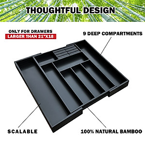 ZHOMA Bamboo Expandable Kitchen Drawer Organizer for Utensils Holder - Silverware Organizer/Utensil Holder and Cutlery Tray with Grooved Drawer Dividers - Black