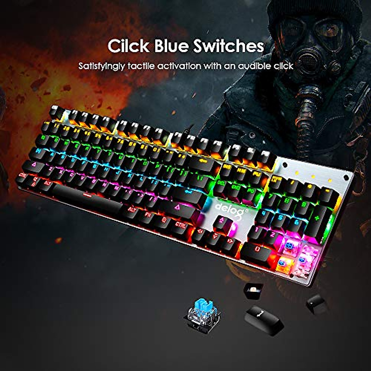 FELICON Gaming Keyboard, 104 Keys Ultra-Slim Rainbow Backlit Wired Keyboard with Blue Switches,Durable ABS Keycaps/Anti-Ghosting/Spill-Resistant Mechanical Keyboard for PC Mac Xbox Gamer