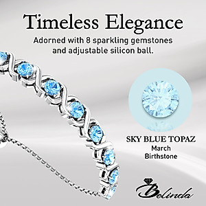 Belinda Jewelz - Birthstone Bangle Bracelet, Birthstone Bracelets for Women with 8 Round Stones, 925 Sterling Silver Adjustable Bracelet, Blue Topaz Birthstone Jewelry with Bolo Closure, 11”