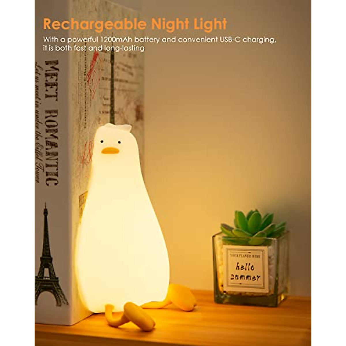 Cute Silicone Duck Night Light, 3 Level Dimmable Touch Control Rechargeable Beside Nursery Lamp, Squishy Kawaii Stuff Desk Room Decor, Nightlight for Breastfeeding, Toddler, Baby, Kids, Girls Gifts