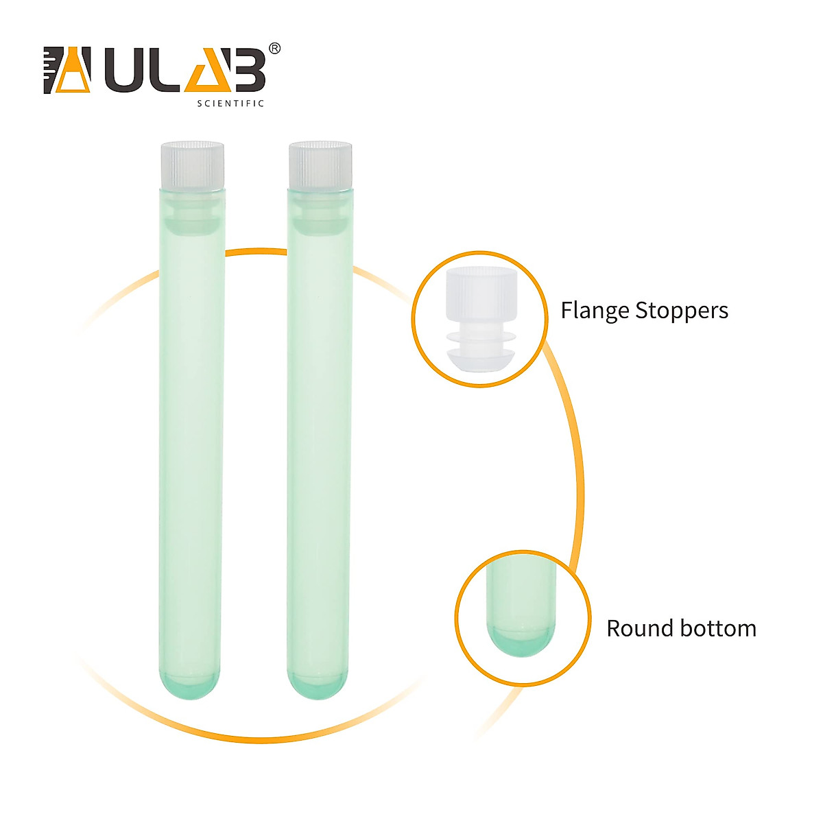 ULAB Plastic Test Tubes with Flange Stoppers, 50pcs of Dia.16x125mm Macaroon Party Tubes Shot Glasses, Green Color, 50pcs PE Flange Stoppers, Dia.16mm, Nature Color, UTT1017