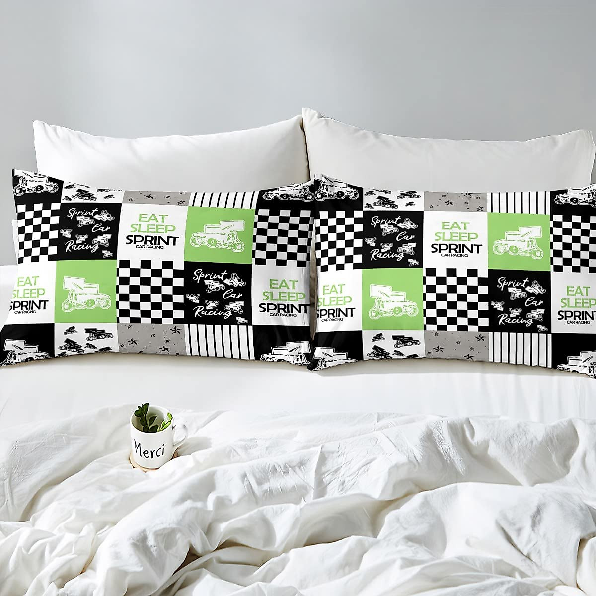 Eat Sleep Sprint Fitted Sheet Twin Size Race Car Green White Bedding Set Set for Kids Teens Adults Speed Sports Car Bed Sheet Set Extreme Sports Bed Cover Room Decor 2Pcs with 1 Pillow Case
