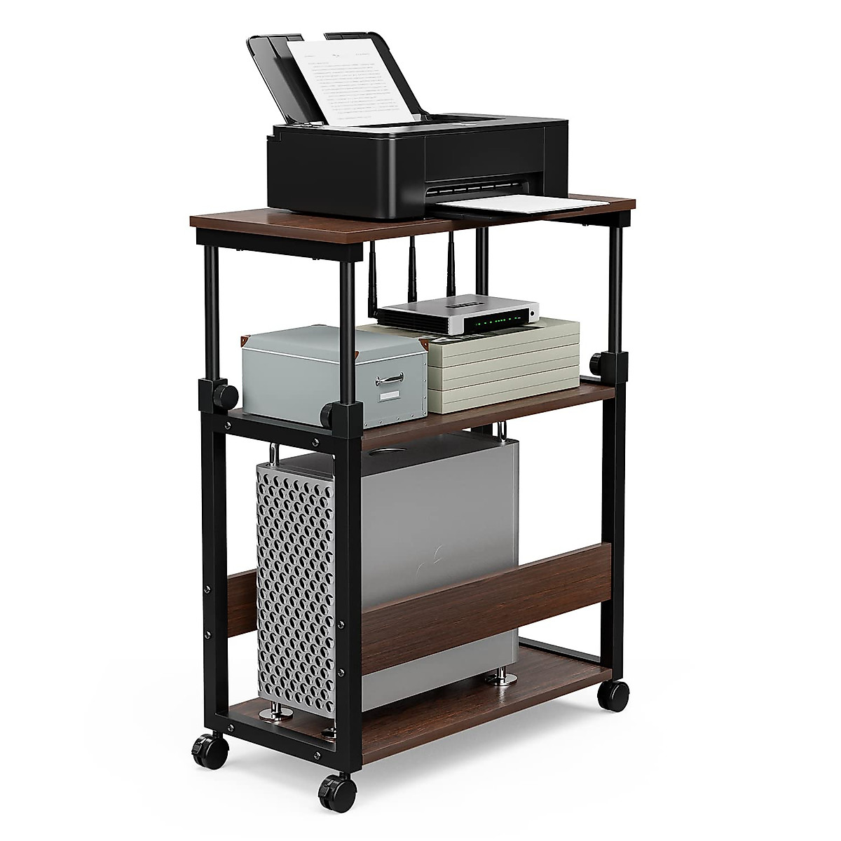 Computer Tower Stand with Wheels, Height Adjustable PC Tower Stand Under Desk, 3 Shelves Rolling Printer Cart for Home Office, Walnut