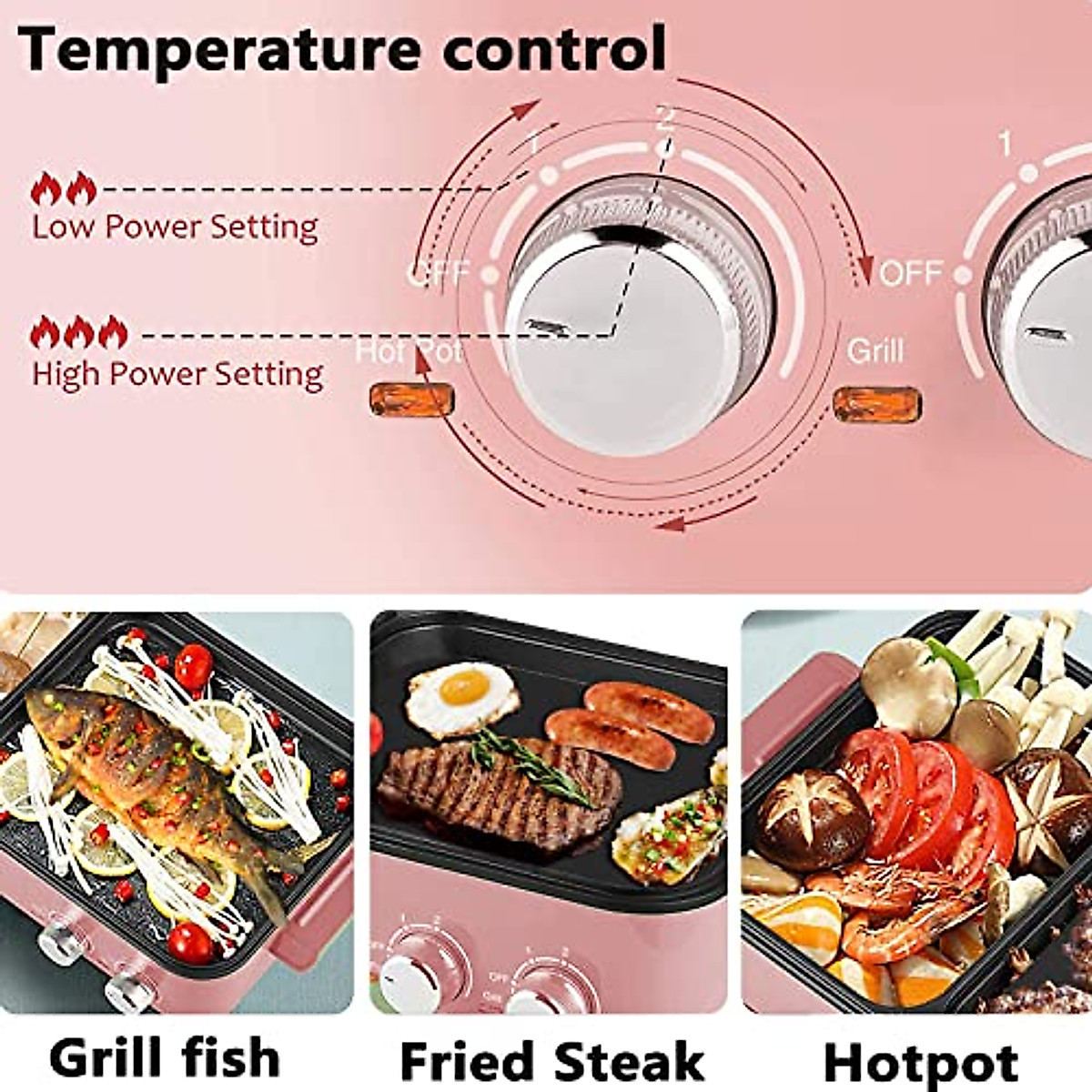 Indoor NonStick Electric Griddle and Hot Pot - 2-in-1 Hot Pot - Independent Dual Temperature Control(Pink)