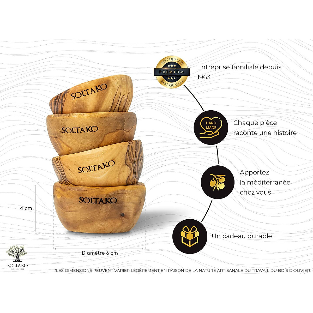 SOLTAKO 4 mini dip bowls set of olive wood - tapas bowls set - small Mediterranean bowl for olives & BBQ sauces - dip bowl for - Ø 6 c