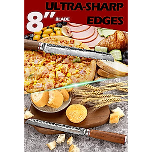 YOUSUNLONG Bread Knives 8 inch Serrated bread knife - Japanese Damascus Steel Natural Walnut Wood Handle - Cut bread, baguette, butter