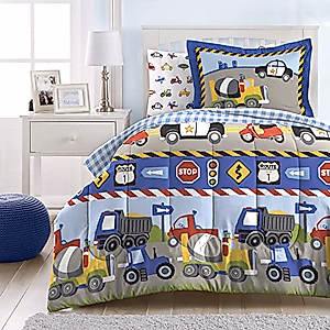 dream FACTORY Trucks Tractors Cars Boys 5-Piece Bedding Comforter Sheet Set, Twin Blue Red Multi