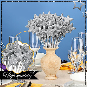 Suzile 60 Pcs Star Floral Picks Silver Glitter Star Pick 7.9'' Star Centerpiece Twinkle Star Stem Puffy Foam Stars Stick Decor Wedding Bridal Baby Shower Birthday Christmas Party