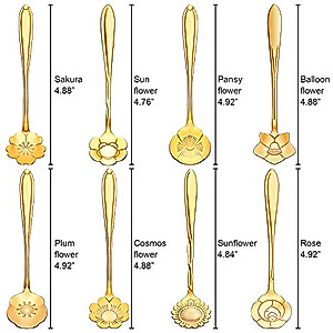 8 Pieces Flower Spoon Coffee Teaspoon Set Stainless Steel Tableware Creative Sugar Spoon Tea Spoon Stir Bar Spoon Stirring Spoon, 8 Different Patterns (Gold)