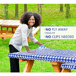 LINPRO 6ft Vinyl Fitted Picnic Table Cover with Bench Covers - Camper and Travel Accessories - Checkered Outdoor Picnic Tablecloth and seat Covers with Elastic Edges Waterproof 3 Pc Set for Patio 72"