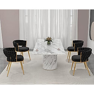 KCC Modern Velvet Dining Chairs Set of 2, Upholstered Living Room Chair with Woven Back and Golden Metal Legs, Mid-Century Accent Side Chair for Living Room, Dining Room, Kitchen, Black