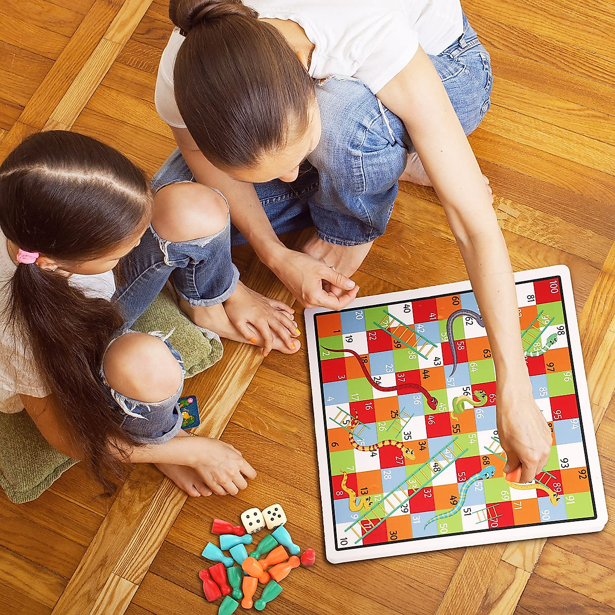 2 in 1 Snakes and Ladders, Ludo Game Set, 12 x 12 Inch Ludo Board Game 2-4 Players Family Dice Games Set Classic Double Sided Game Board for Adults and Teens, with 2 Wooden Dices and 16 Game Pieces