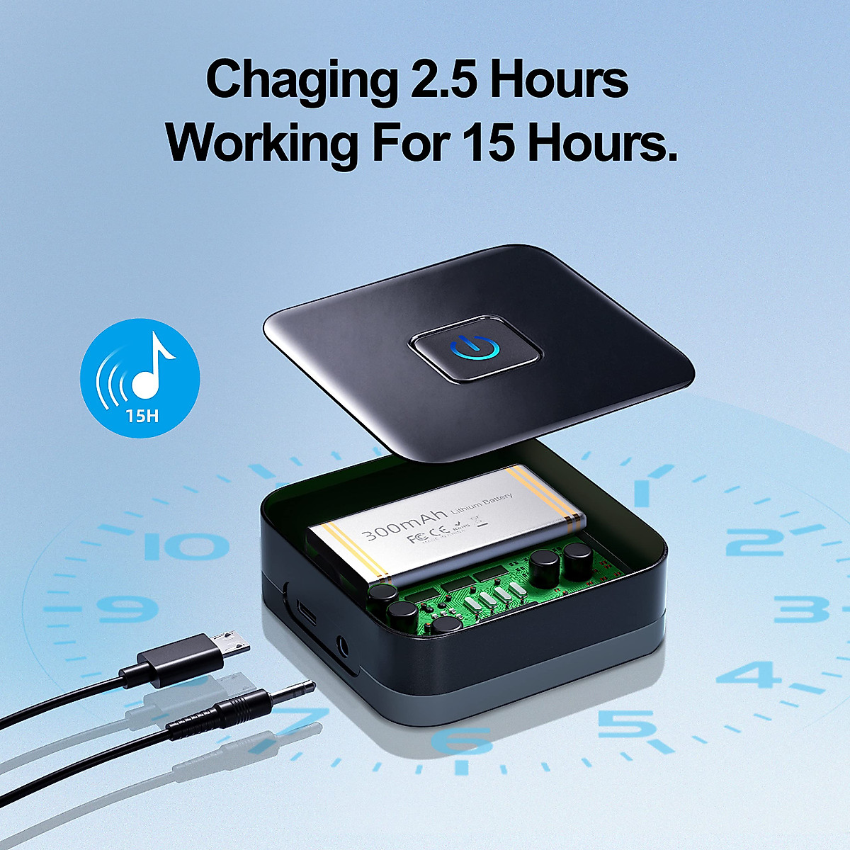 Bluetooth Receiver for Home Stereo, Old Car Speaker, Wired Speaker, 15 Hours Playtime, Dual Connection to 2 Cell Phones, Compatible with 3.5mm AUX RCA Cable