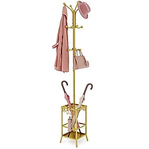 Hoctieon Coat Rack Freestanding, Coat Hanger Stand,Umbrella Holder, Hall Tree With 12 Hooks, Standing Coat Rack,Floor Standing Metal Umbrella Tree Stand, Gold