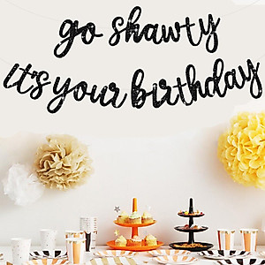 BEISHIDA Black Go Shawty It's Your Birthday Banner - NO DIY - Hip Hop Theme Glitter Happy Birthday Banner - Pre-Strung - Black Rap Theme Happy Birthday Sign for Man Women birthday Party Supply