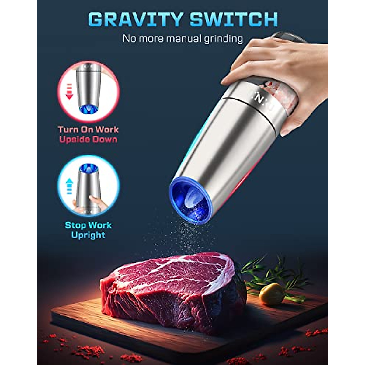 Gravity Electric Salt and Pepper Grinder Set, Automatic Pepper and Salt Mill Grinder,Battery-Operated with Adjustable Coarseness, Premium Stainless Steel with LED Light, One Hand Operated