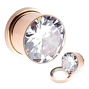 Pierced Owl CZ Gem Rose Gold PVD Plated Screw-Fit Plugs, Sold as a Pair (14mm (9/16"))