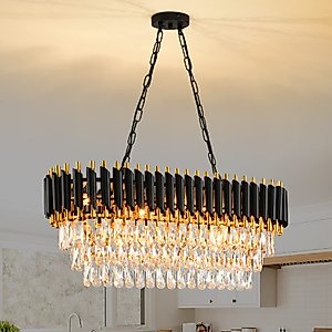 AKDXIRUN Modern Crystal Chandeliers for Dining Room 8-Light Black and Gold Chandelier Living Room Oval Contemporary Ceiling Hanging Light Pendant Light Fixture for Kitchen Island Bar L32 inch