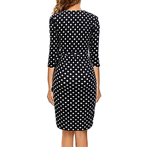 Berydress Women's Classic 3/4 Sleeve V Neck Sheath Casual Party Work Faux Black Wrap Dress (L, 6083-Black Dot)