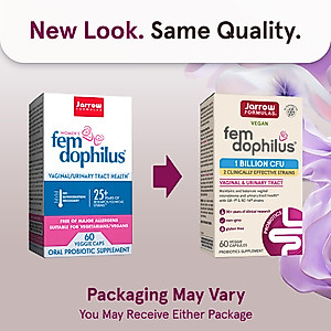 Jarrow Formulas Fem-Dophilus Probiotics 1 Billion CFU With 2 Clinically Effective Strains, Dietary Supplement for Vaginal Health and Urinary Tract Health, 60 Veggie Capsules, 60 Day Supply