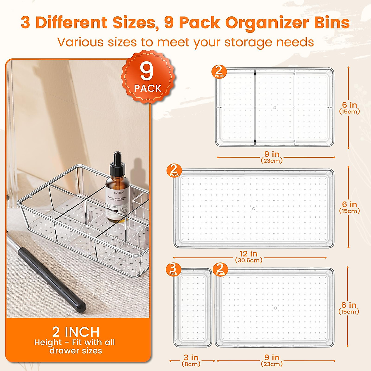 Criusia 9 Pack Drawer Organizer, 3 Sizes Clear Plastic Drawer Organization Storage Bins, Non-Slip Drawer Dividers for Makeup, Jewelry, Snacks, Office, Bedroom, Kitchen, Bathroom