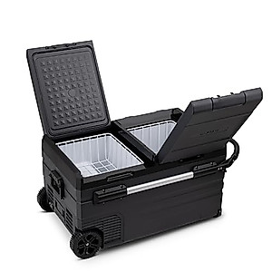 Newair Portable 80 Qt. Electric Car Camping Cooler with 4 Battery Protection Modes, Dual Zone Fridge and Freezer Storage, Retractable Handle, Outdoor Wheels and Rugged Construction