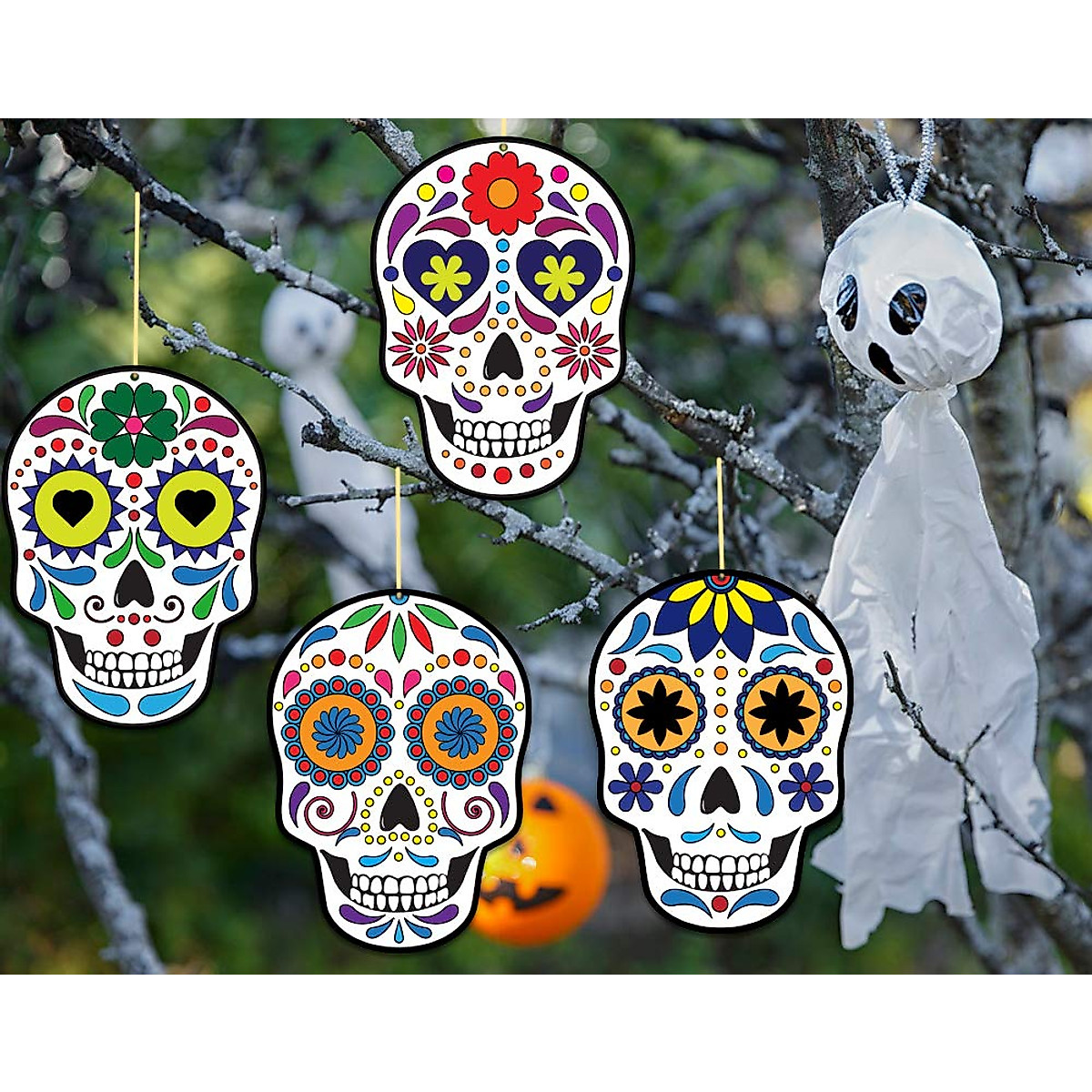 FaCraft Day of Dead Sugar Skulls Decorations,20pcs Dia de Los Muertos Skulls Sign Mexican Fiesta Skeleton Hanging Sign for Halloween Party Decorations Supplies