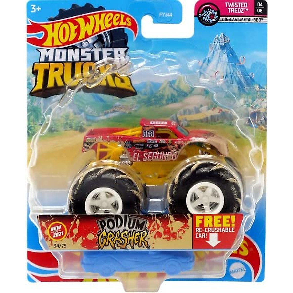 Monster Trucks Podium Crasher (red) with recrushable car 34/75, 1:64 Scale