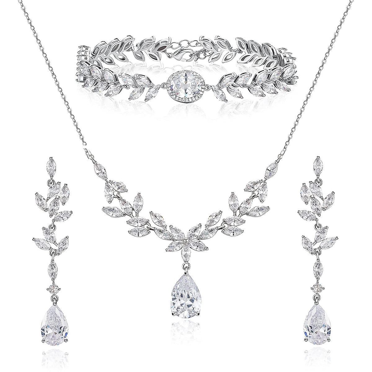 SWEETV Bridal Jewelry Set for Wedding, Cubic Zirconia Necklace Dangle Earrings Bracelet Set, Teardrop Marquise Brides Bridesmaids Wedding Prom Jewelry Sets for Women