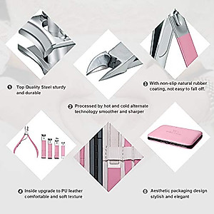 Manicure Set Professional Nail Clippers Kit Pedicure Care Tools- Stainless Steel Women Grooming Kit 18Pcs for Travel or Home (Pink)
