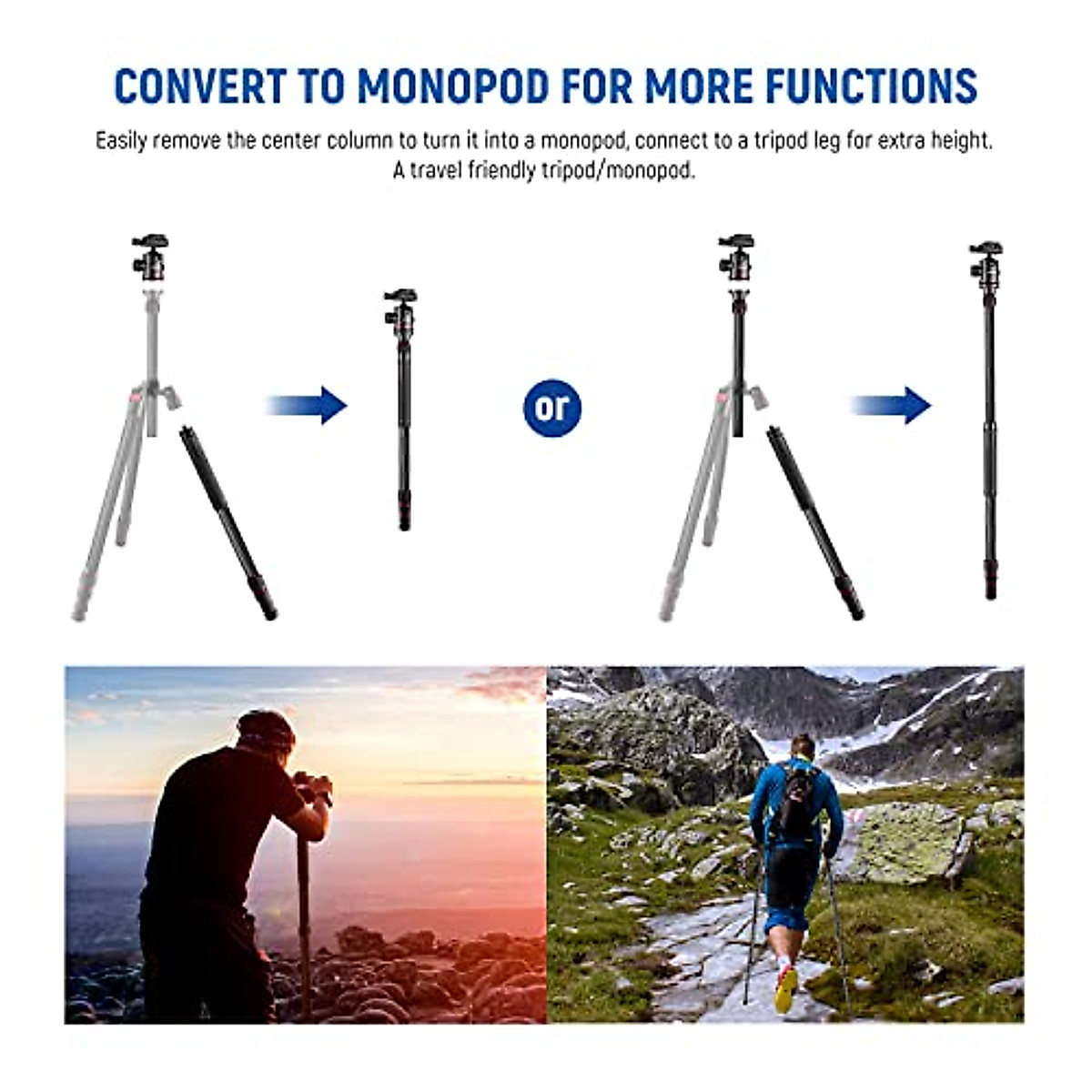 NEEWER Upgraded 80.7" Carbon Fiber Camera Tripod Monopod with Telescopic 2 Section Center Axes, 360° Panorama Ballhead, 1/4" Arca Type QR Plate, Travel Tripod with ø28mm Column, Max Load 26.5lb, N55CR
