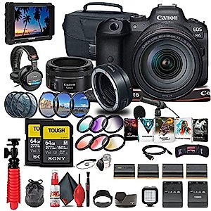 Canon EOS R6 Mirrorless Digital Camera with 24-105mm f/4L Lens (4082C012) + 4K Monitor + Canon EF 50mm Lens + Pro Headphones + Mount Adapter EF-EOS R + Pro Mic + 2 x 64GB Tough Card + More (Renewed)