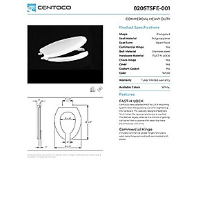 Centoco Elongated Toilet Seat, Lock In Place, Fast-N-Lock Mounting, Open Front With Cover, Commercial, Plastic, Made in the USA, 820STSFE-001, White