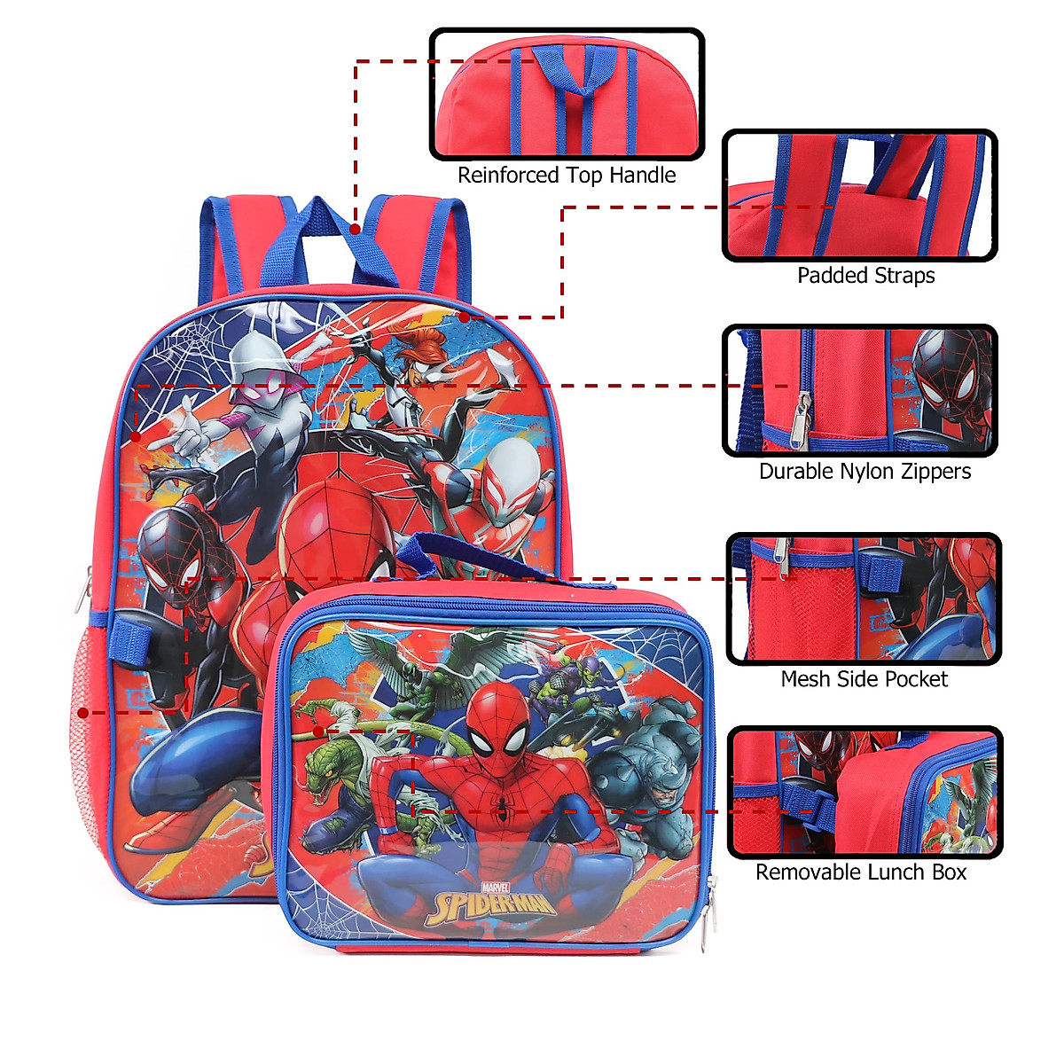 Ruz Spiderman Boys 16 Inch Backpack With Removable Matching Lunch Box Set (Red-Blue)