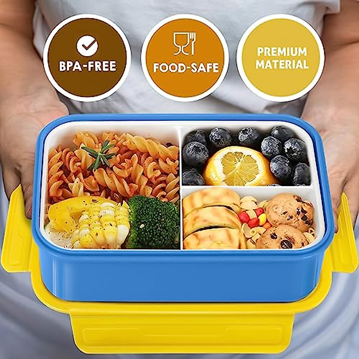 Landmore Bento Box Lunch Box for Kids Adults, 1100 ML Bento Lunch Box for Kids 3 Compartments with Utensils and Lunch Bag, Leakproof BPA Free(Blue)