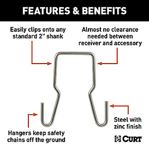 CURT 45807 Trailer Safety Chain Holder Bracket for 2-inch Shank, Clip-On Steel Hanger Hooks